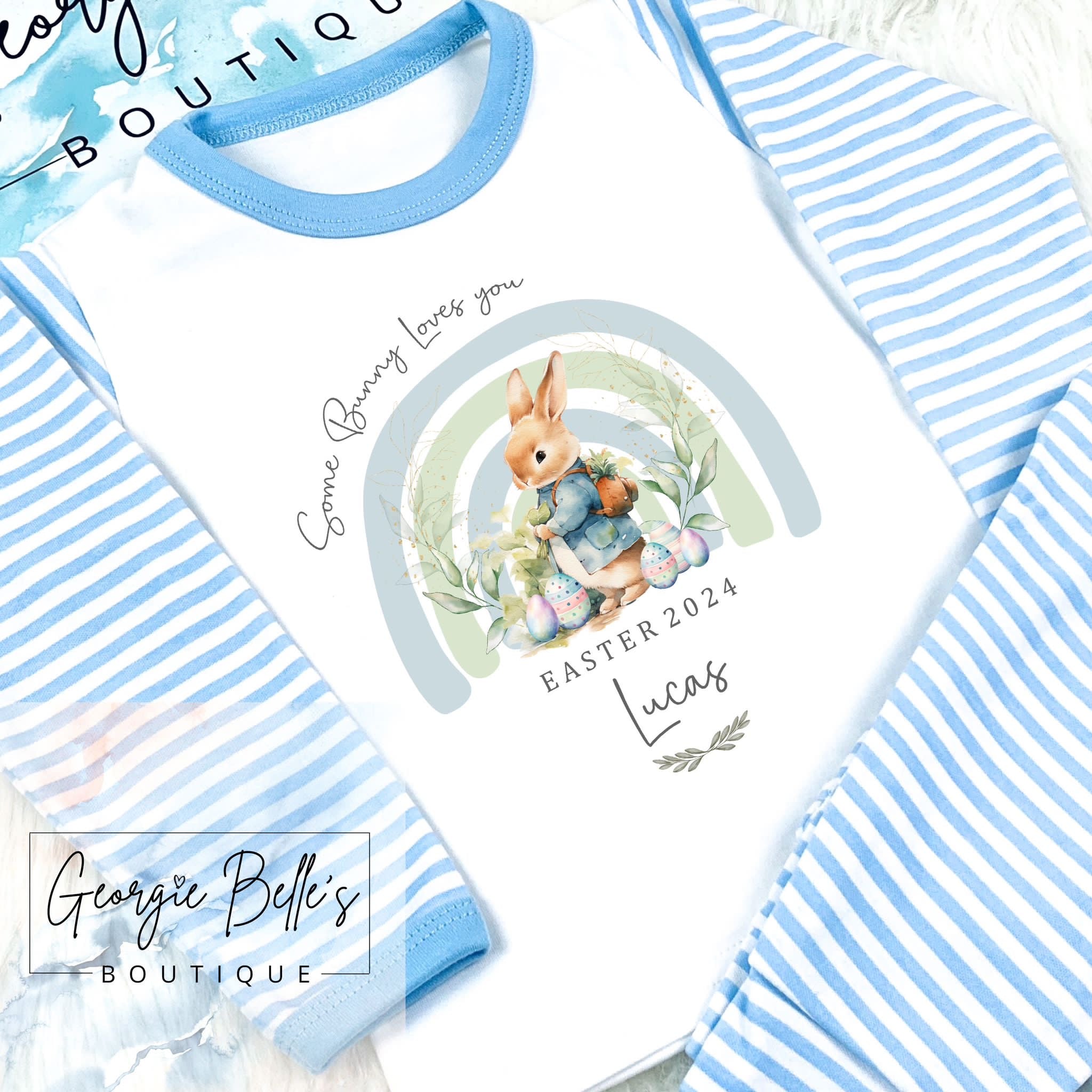 Personalised Easter Pyjamas - Some Bunny Blue Rainbow Design – Georgie ...